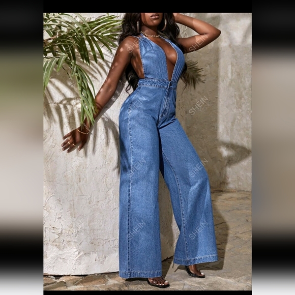 SHEIN | Jeans | Sexy Deep V Neck Tie Backless Denim Jumpsuit | Poshmark